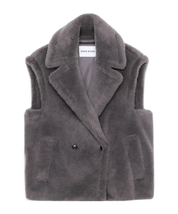 STAND STUDIO Clary Double-breasted Faux Fur Vest - Black