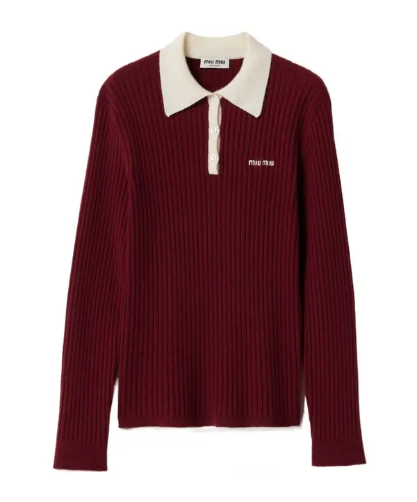 Miu Miu Long-sleeved Knitted Polo Shirt - Fuchsia/natural