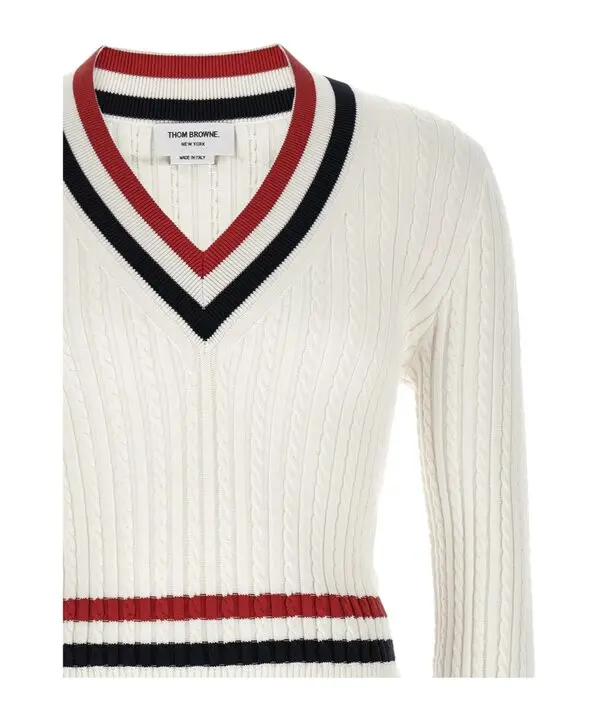 Thom Browne V-neck Jumper With Signature Striping - White