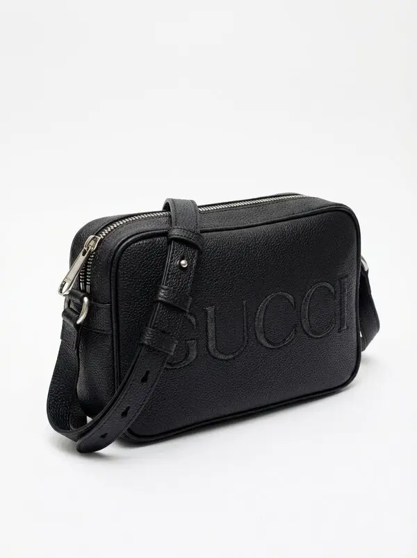 Gucci Embossed Logo Zipper Shoulder Bag - Black Grey
