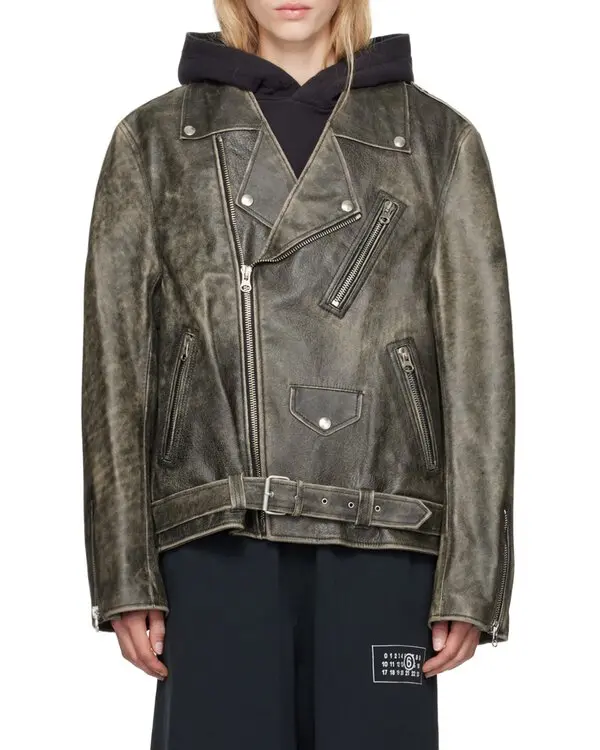 MAISON MARGIELA Distressed Faux Leather Belted Jacket - Brown