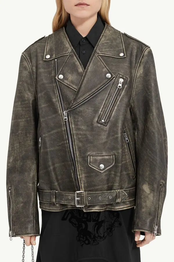 MAISON MARGIELA Distressed Faux Leather Belted Jacket - Brown
