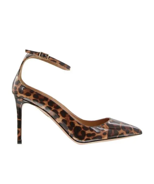 AQUAZZURA Pointed Toe Leopard Print Leather Pumps With Ankle Strap - Brown