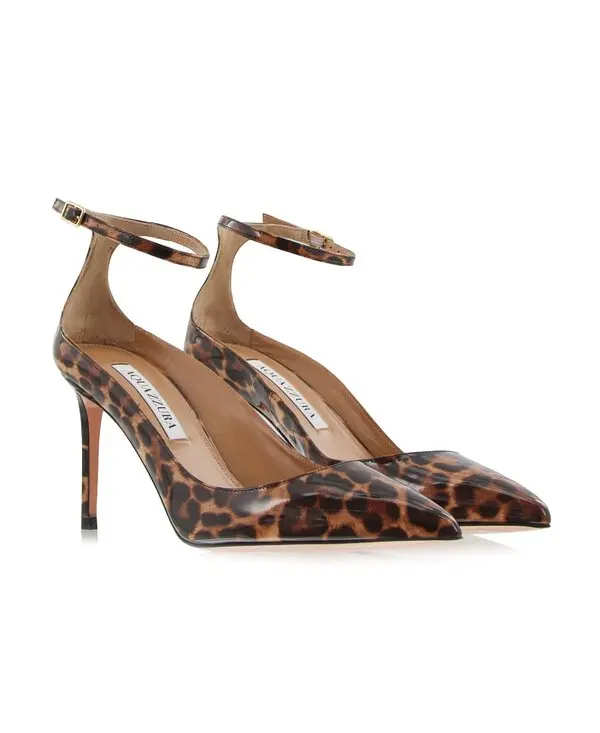 AQUAZZURA Pointed Toe Leopard Print Leather Pumps With Ankle Strap