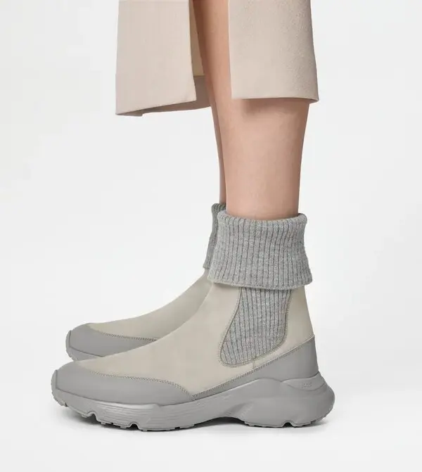 TOD'S Chelsea Boots In Calfskin Nubuck With Elastic Knit Inserts - Gray