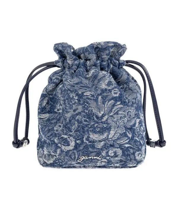 GANNI Floral Motif Drawstring Denim Bag
