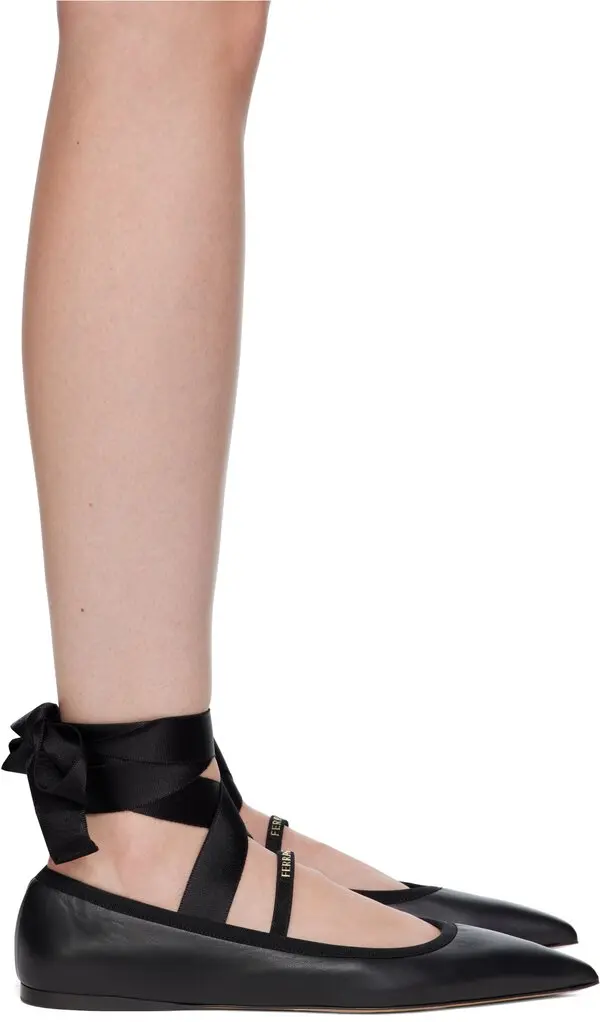 FERRAGAMO Ballet Flats With Ribbon Ankle Tie - Black