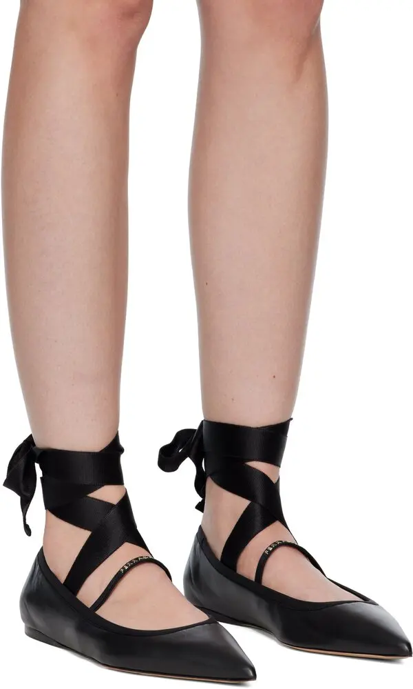 FERRAGAMO Ballet Flats With Ribbon Ankle Tie - Black