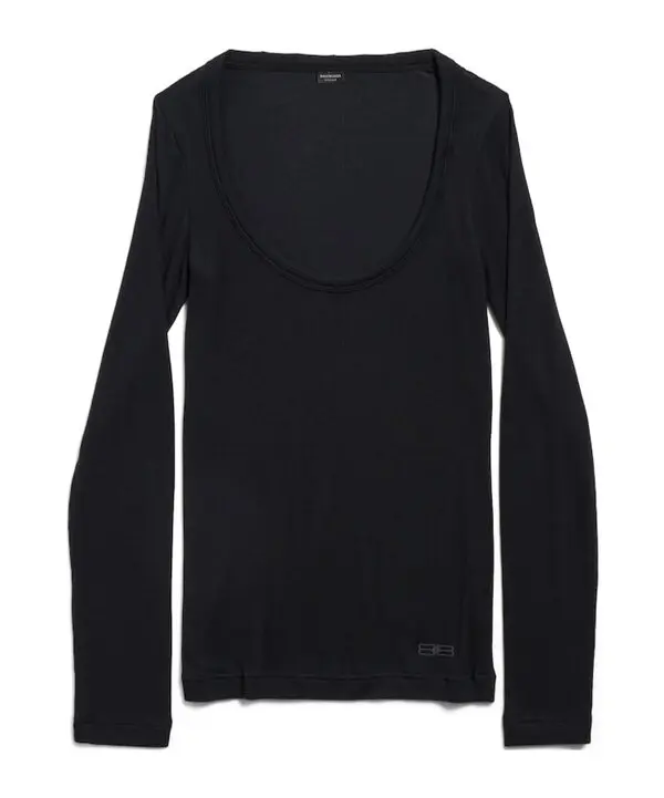 Balenciaga Ribbed Round Neck Long Sleeve Top - Black