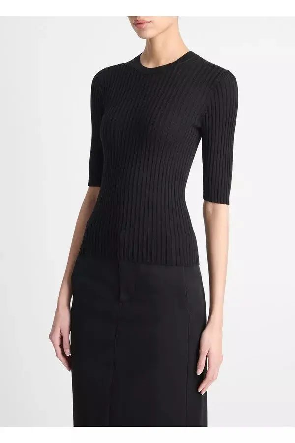 Vince Snap Elbow-sleeve Ribbed Knit Top