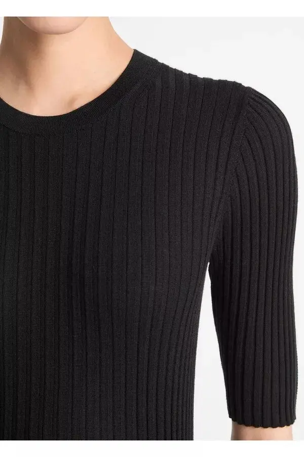 Vince Snap Elbow-sleeve Ribbed Knit Top