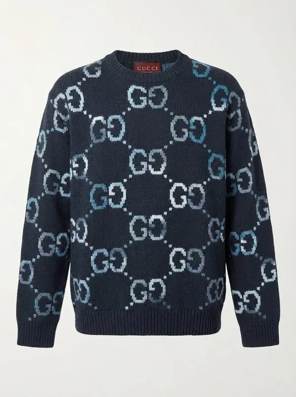 Gucci Gg Jacquard Crewneck Jumper - Navy Blue And Blue