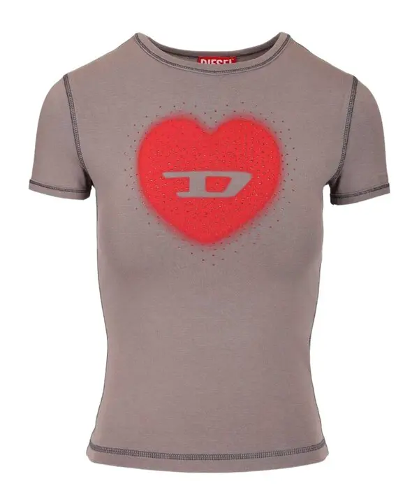 DIESEL® Crewneck T-shirt With Embellished Heart - Gray