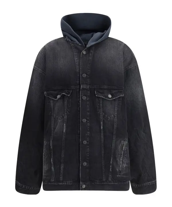 Balenciaga Oversized Layered Denim And Fleece Jacket - Black