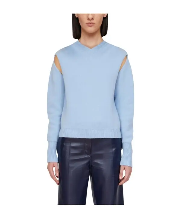FERRAGAMO V-neck Cashmere Sweater With Shoulder Slits - Light Blue