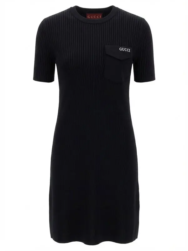 Gucci Ribbed Crewneck Short Sleeve Dress With Pocket Detail