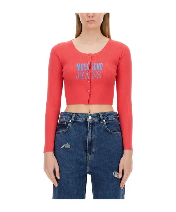 Moschino Cropped Ribbed Cardigan With Logo Detail