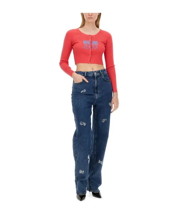 Moschino Cropped Ribbed Cardigan With Logo Detail