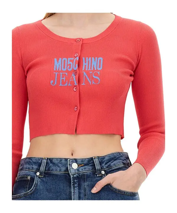 Moschino Cropped Ribbed Cardigan With Logo Detail
