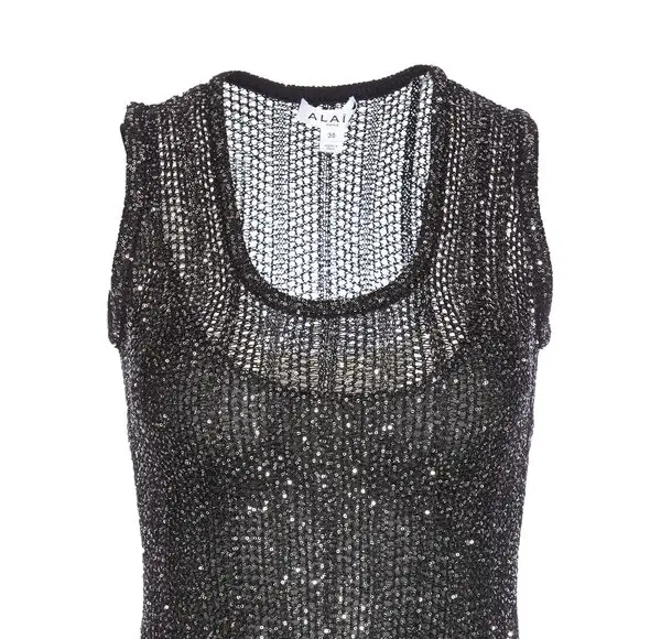 Alaïa Sequin Knit Skater Dress - Black / Silver