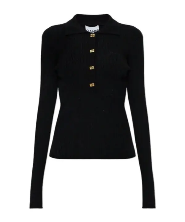 GANNI Long-sleeved Ribbed Knit Polo Top With Button Detailing - Black