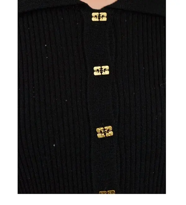 GANNI Long-sleeved Ribbed Knit Polo Top With Button Detailing - Black