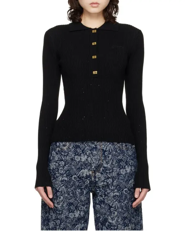 GANNI Long-sleeved Ribbed Knit Polo Top With Button Detailing - Black