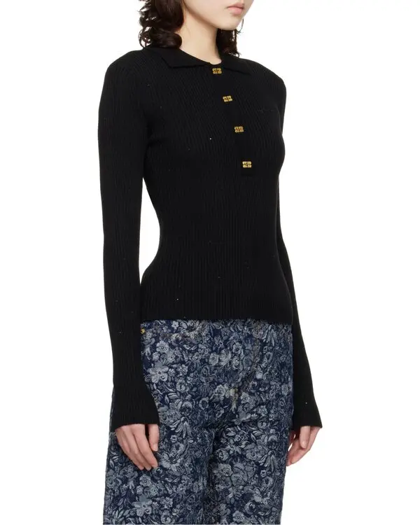 GANNI Long-sleeved Ribbed Knit Polo Top With Button Detailing - Black