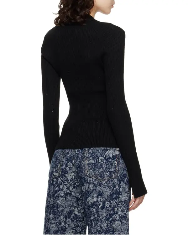 GANNI Long-sleeved Ribbed Knit Polo Top With Button Detailing - Black