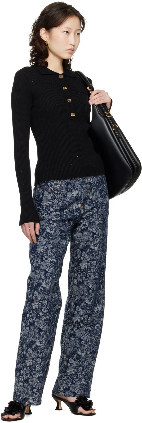 GANNI Long-sleeved Ribbed Knit Polo Top With Button Detailing - Black