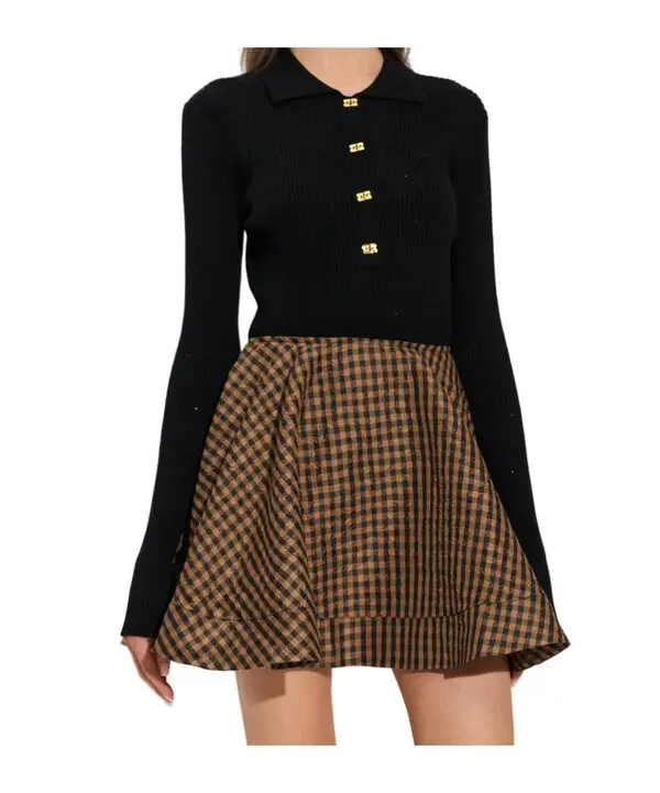GANNI Long-sleeved Ribbed Knit Polo Top With Button Detailing - Black