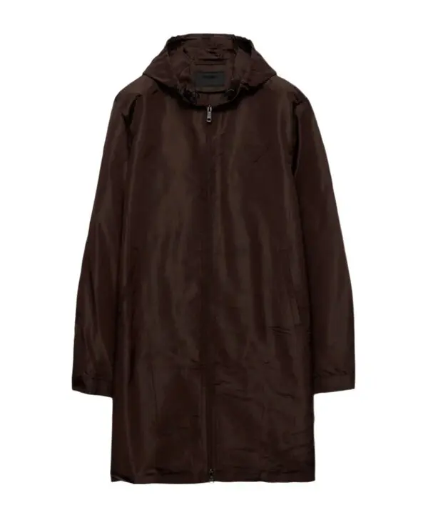Prada Silk Overcoat With Drawstring Hood - Brown