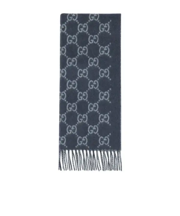 Gucci Monogrammed Fringed Scarf - Blue