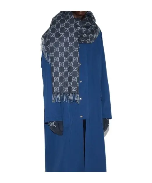 Gucci Monogrammed Fringed Scarf - Blue