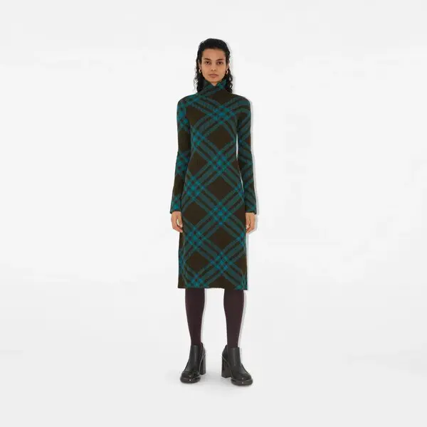 Burberry Checked Mock Neck Long Sleeve Dress - Black