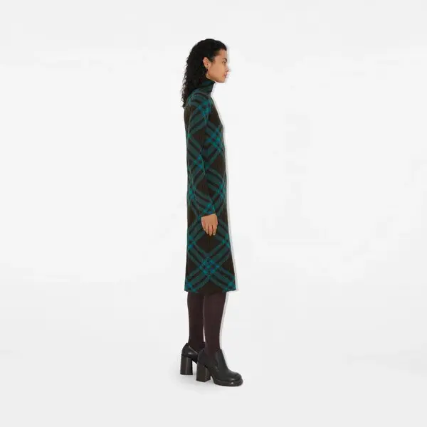 Burberry Checked Mock Neck Long Sleeve Dress - Black