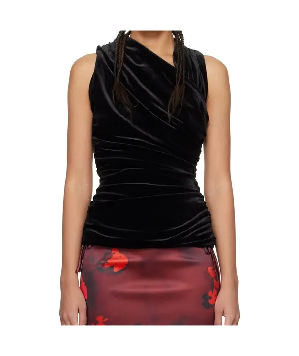 GANNI Velvet Sleeveless Top With Asymmetrical V-neck And Smocked Details