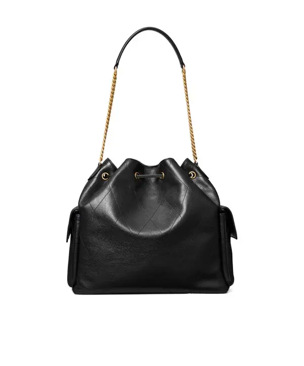 Tory Burch Charlie Quilted Drawstring Shoulder Bag - Black