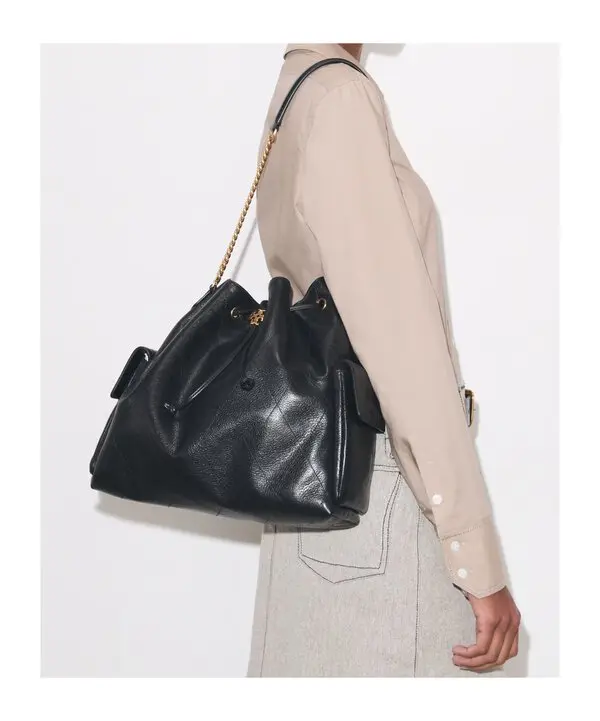 Tory Burch Charlie Quilted Drawstring Shoulder Bag - Black