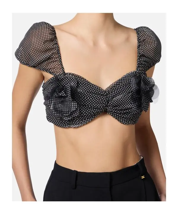 Elisabetta Franchi Polka Dot Print Tulle Top With 3d Flowers