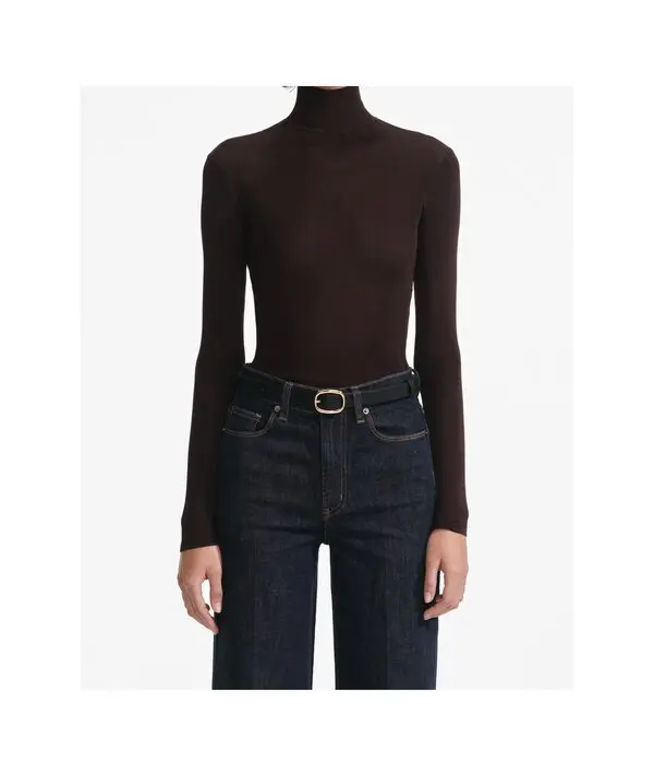 SELF-PORTRAIT Ribbed Turtleneck Fitted Top - Brown