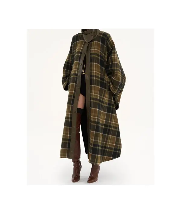 Chloé Checked Wool And Leather Long Coat