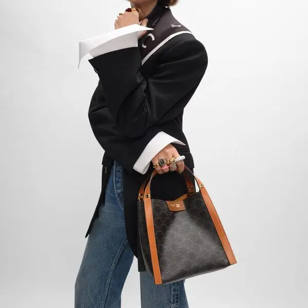 Celine Small Cube Bag In Triomphe Canvas And Natural Calfskin