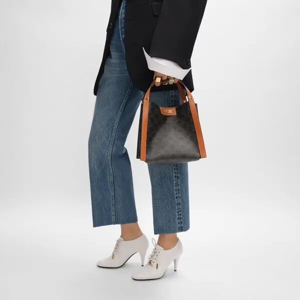 Celine Small Cube Bag In Triomphe Canvas And Natural Calfskin