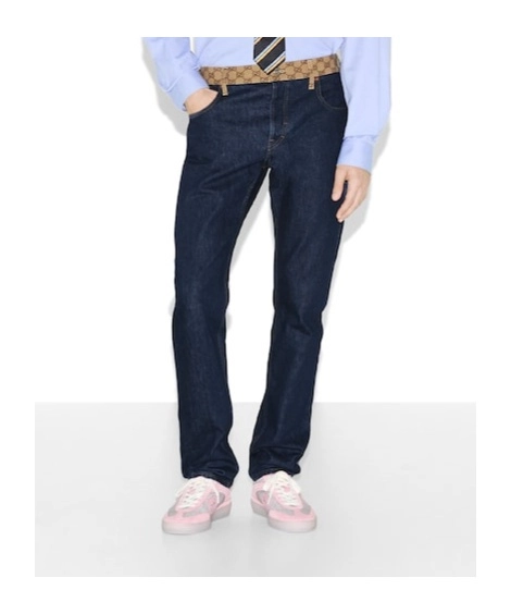 Gucci Tapered Denim Pants With Monogram Belt