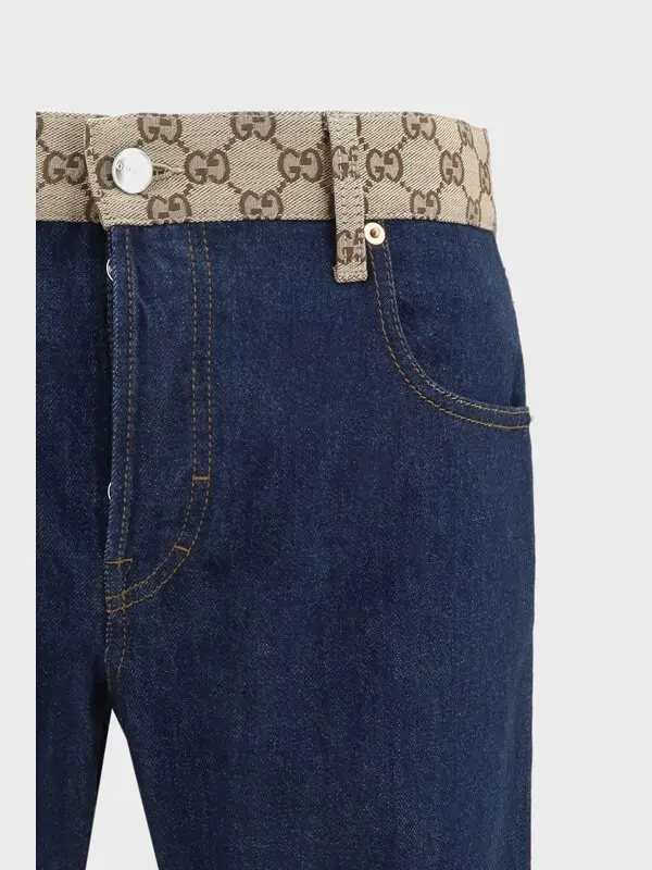 Gucci Tapered Denim Pants With Monogram Belt - Dark Blue