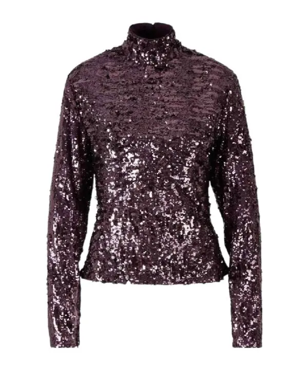 Rabanne High Neck Sequined Long Sleeve Top - Beetroot Purple