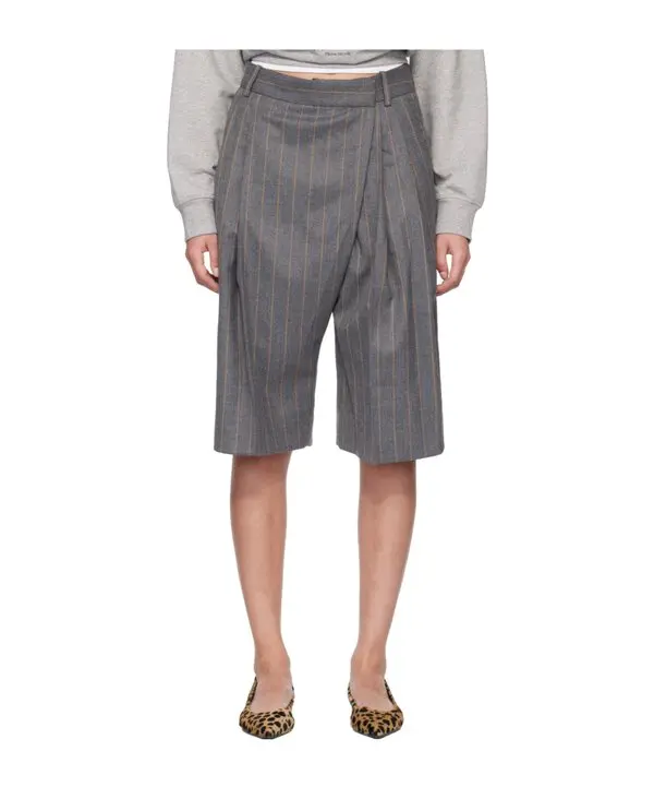 GANNI Wool Blend Striped Shorts - Gray