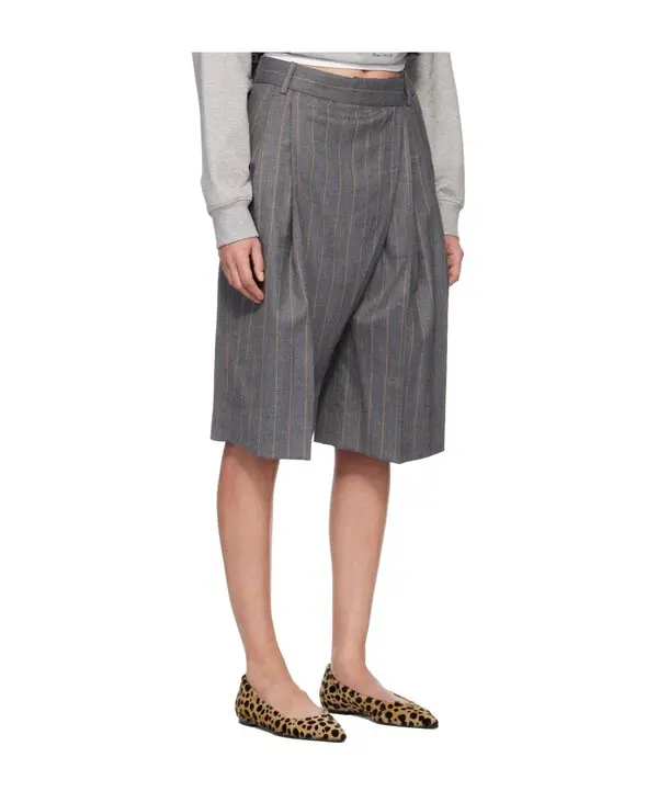 GANNI Wool Blend Striped Pleated Shorts - Gray