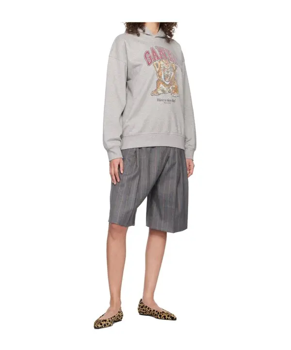 GANNI Wool Blend Striped Pleated Shorts - Gray